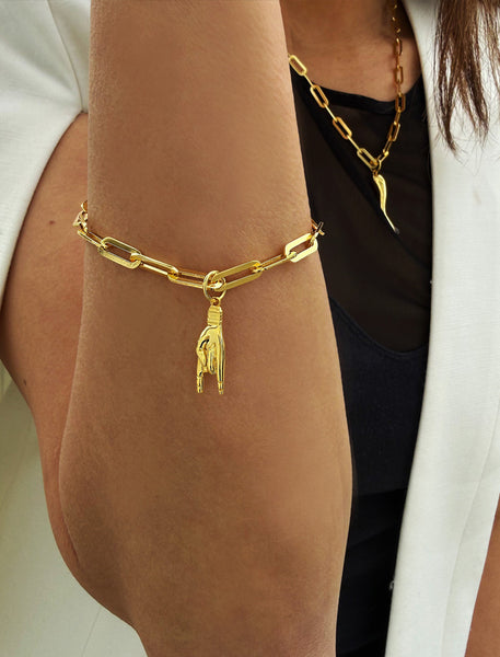 ITALIAN HAND Charm Medium Paperclip Link Chain Bracelet | 18K Gold ...